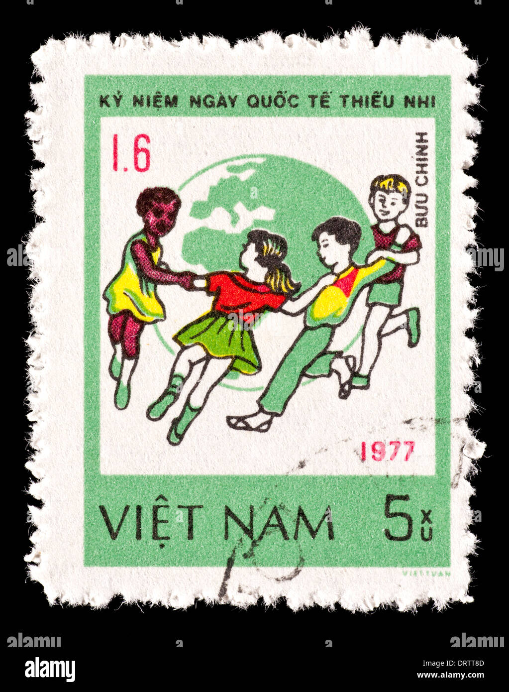 Postage stamp from Vietnam depicting children playing around a globe ...