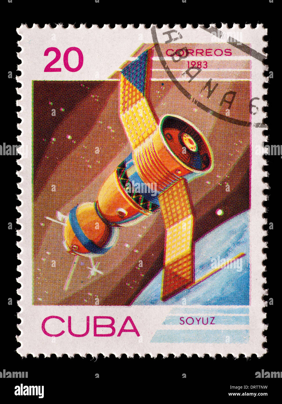 Postage stamp from Cuba depicting the Soyuz space satellite Stock Photo ...