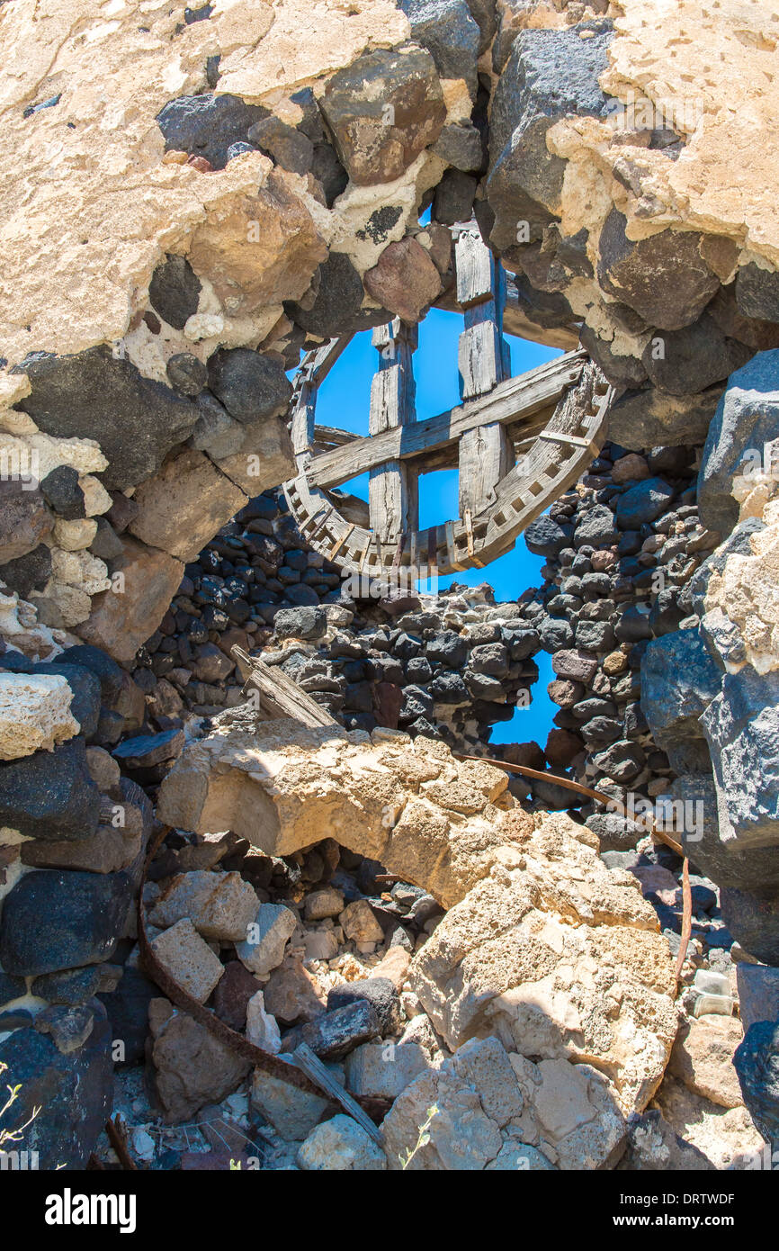 Ancient windmills of Santorini island,Crete,Greece. View of Fira town ...