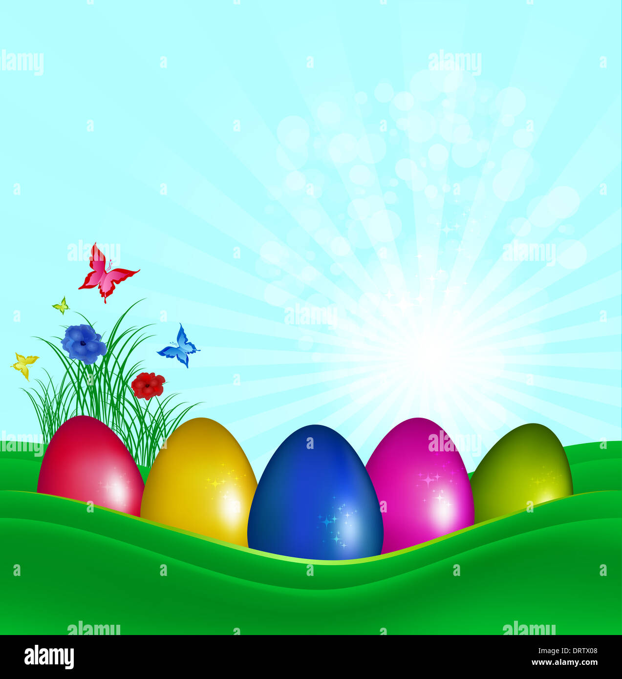 Easter Background With Color Eggs, Fields And Butterflies Stock Photo ...