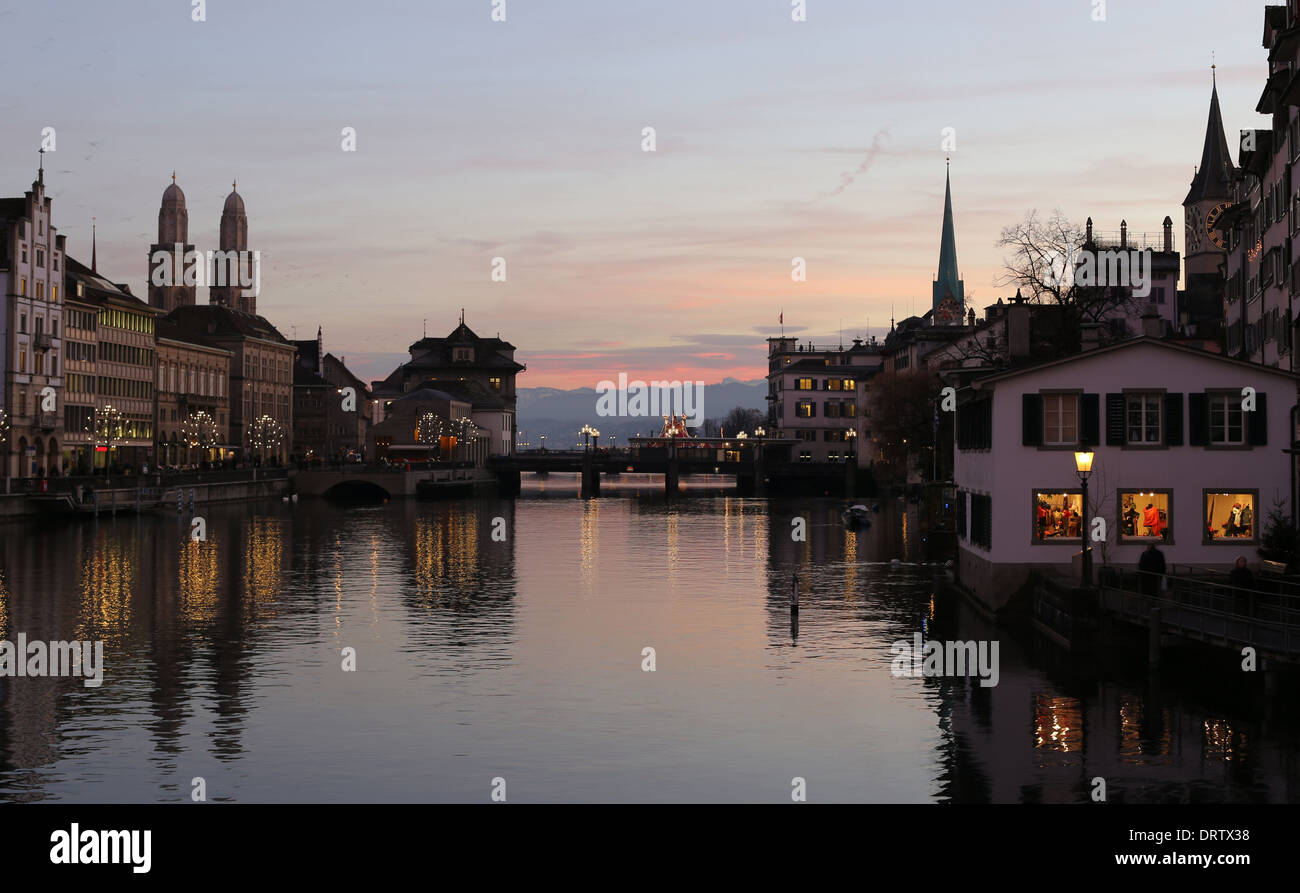 Evening view of Limmat river and embankments, Zurich, Switzerland Stock ...