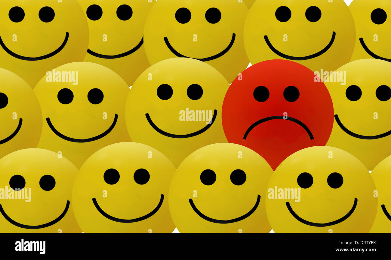 sad worrying face among happy smilies Stock Photo - Alamy