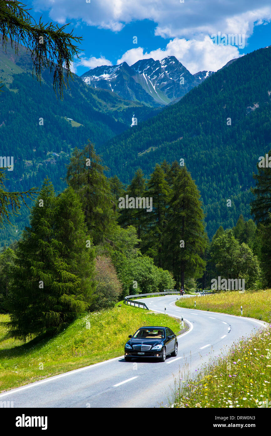 Mercedes E Class saloon car touring in the Swiss Alps, Swiss National ...