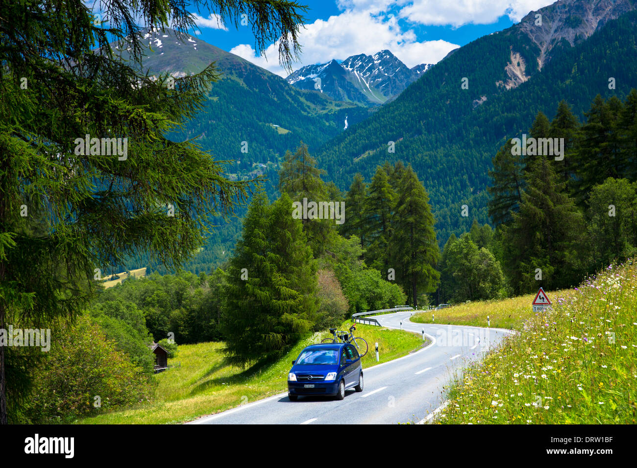 Car with bicycle rack on touring holiday in the Swiss Alps, Swiss ...