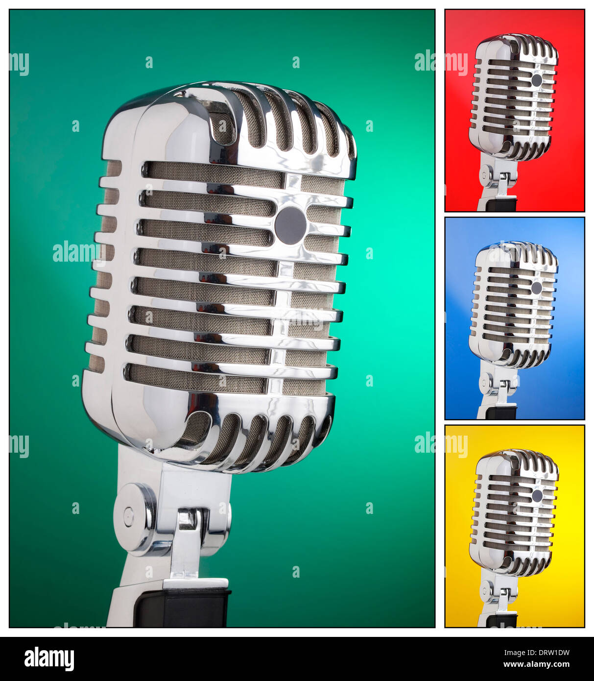 Collage of microphones with different colored backgrounds in square ...
