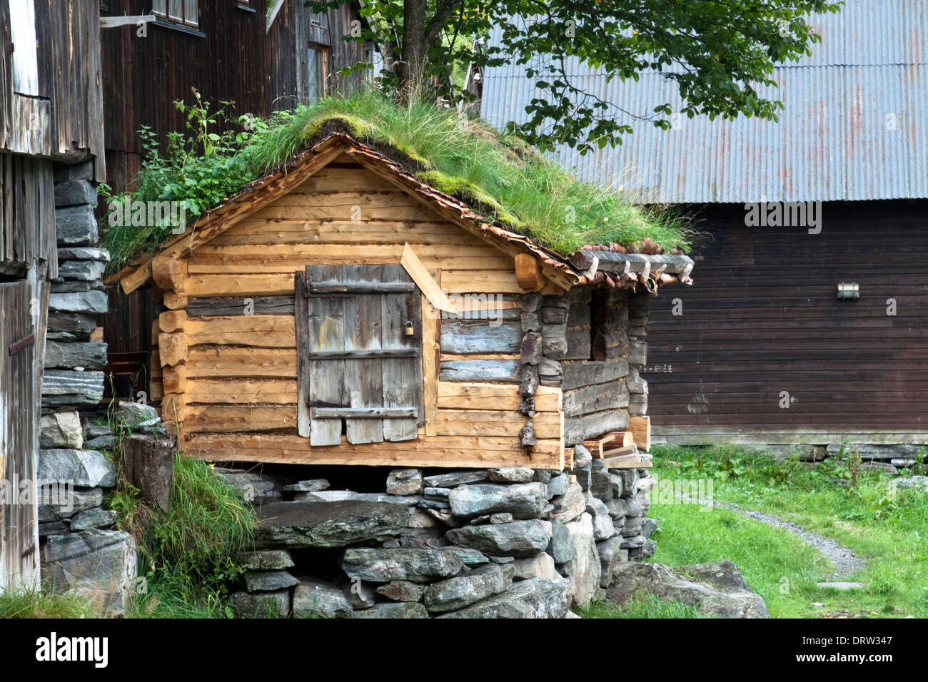 A grass covered wooden hut typical of Norwegian farms Stock Photo - Alamy
