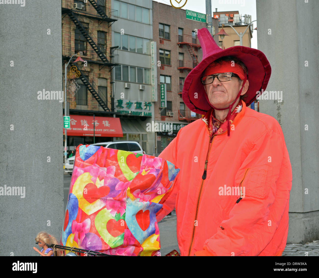 Portrait of a man in a peculiar hat on Bowery in Chinatown, Manhattan ...