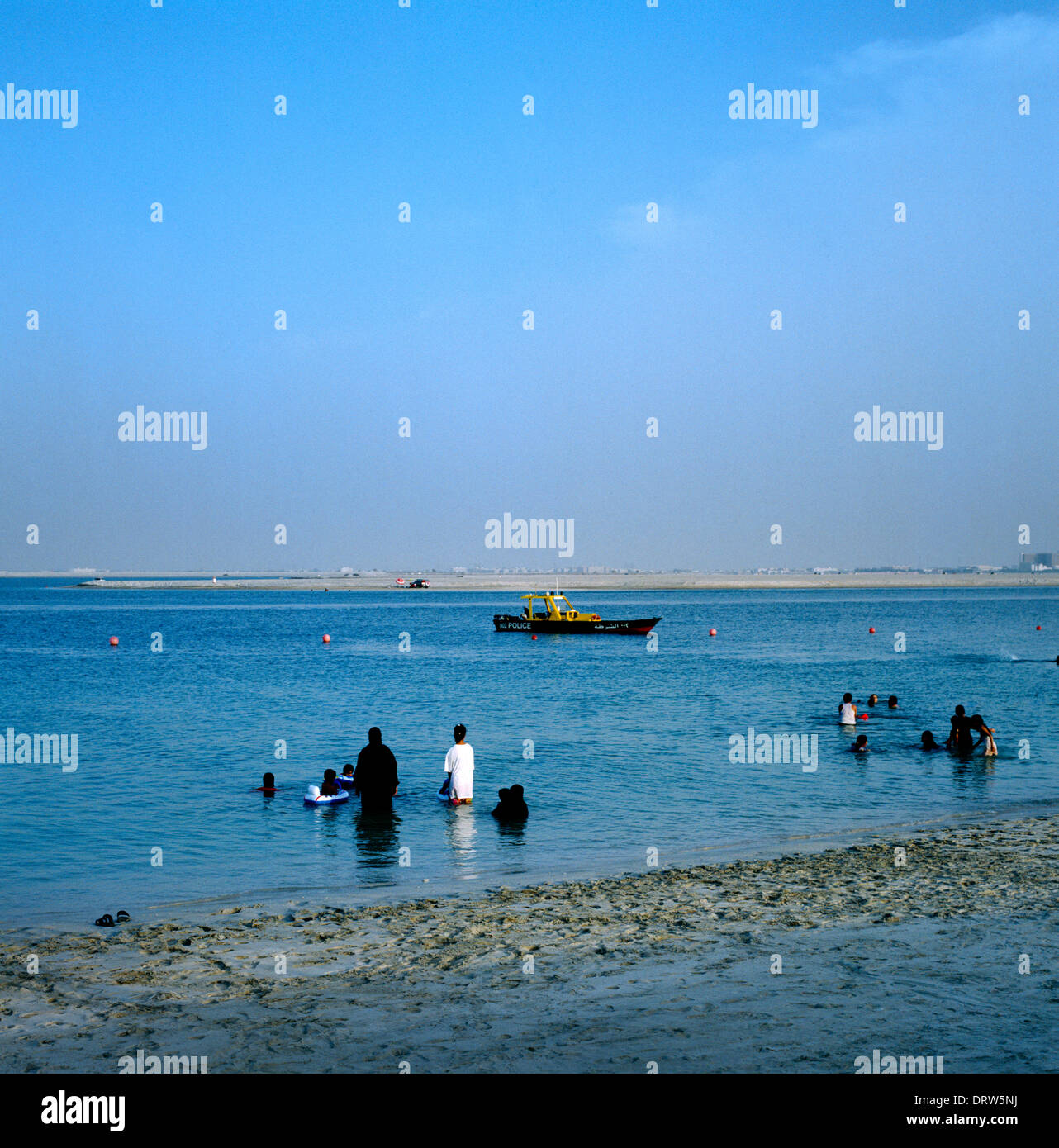 Dubai UAE Al Mamza Beach Park People Sharjah In Background Stock Photo ...