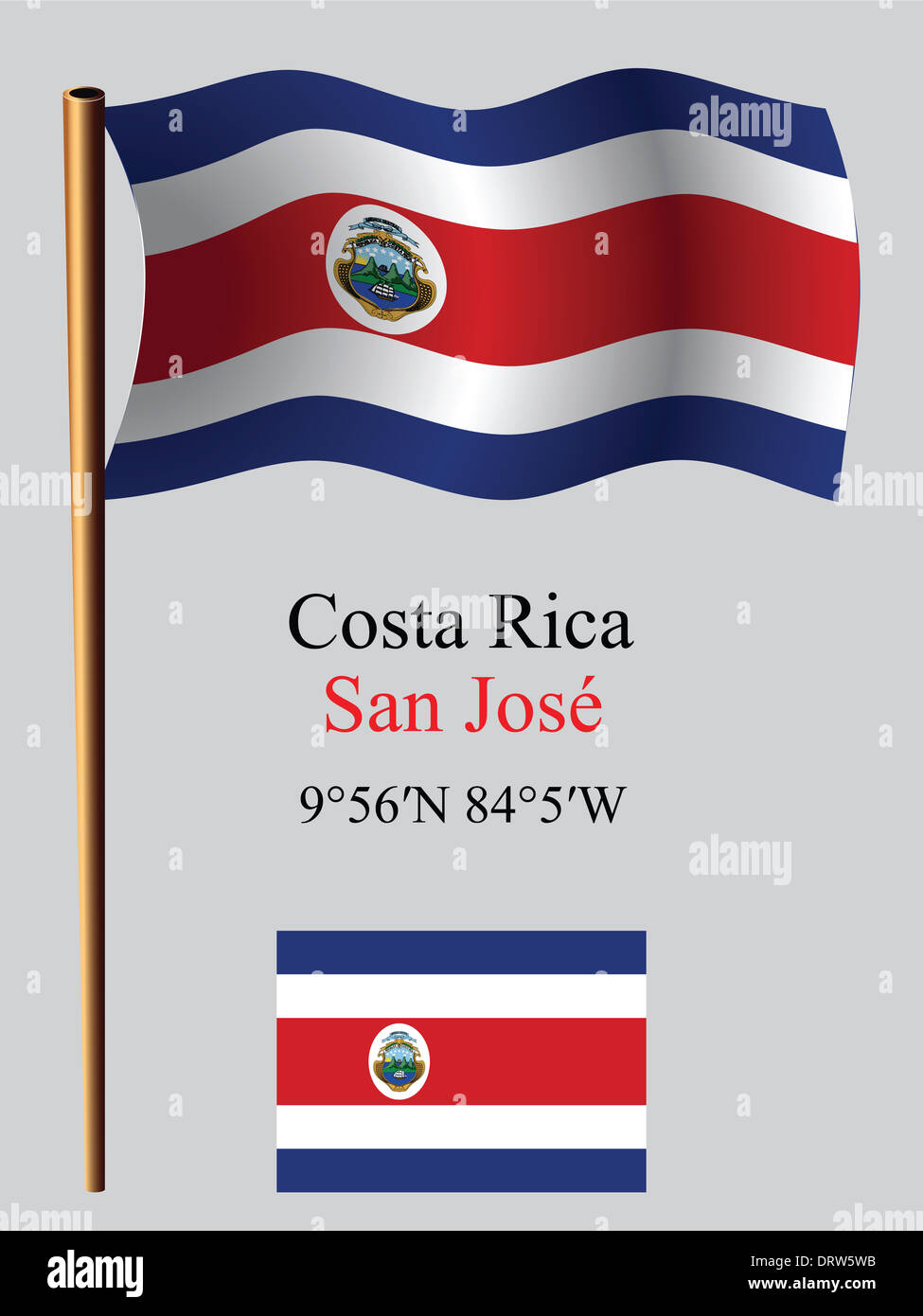 costa rica wavy flag and coordinates against gray background, vector ...