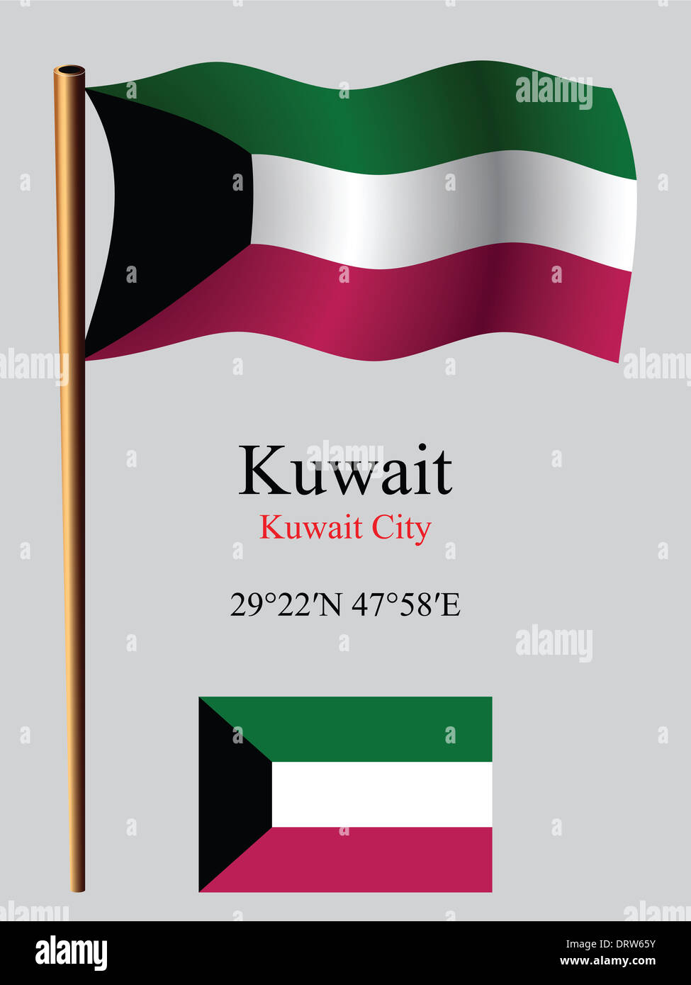 kuwait wavy flag and coordinates against gray background, vector art ...