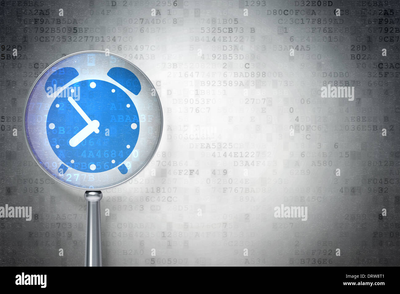 Timeline concept: Alarm Clock with optical glass on digital background ...
