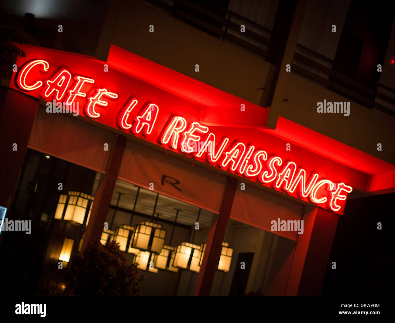 MARRAKECH, MOROCCO - JANUARY 21, 2014: Neon sign outside Cafe La ...