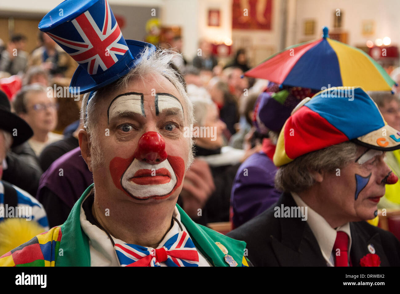 02 February 2014, Dalston, London UK. Clowns in full costume attend the ...
