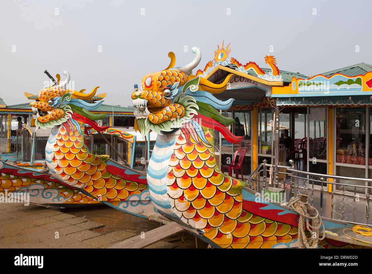 Dragon Tour Boats on edge of the Perfume river at Hue Vietnam Stock ...