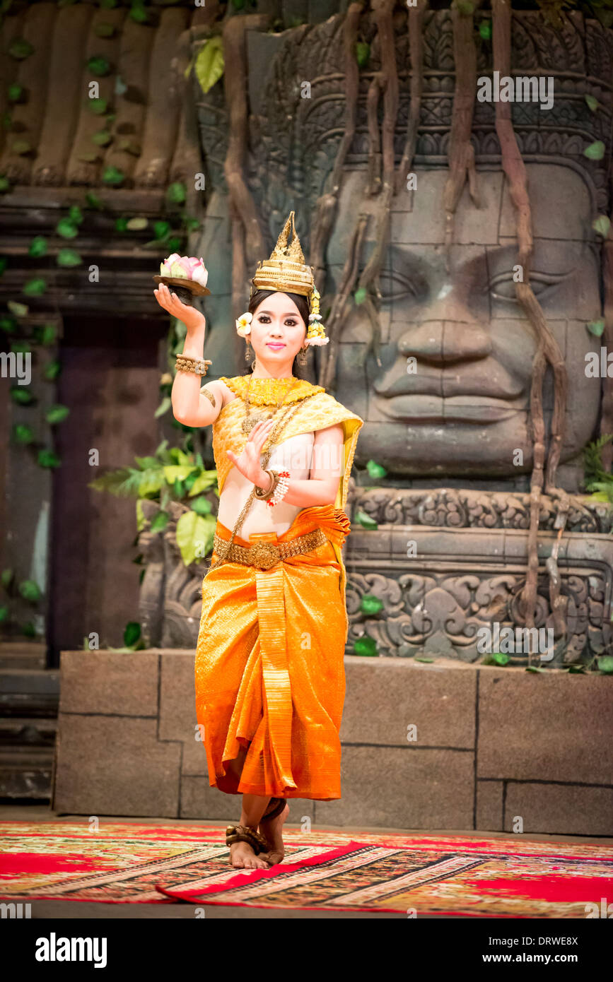 Traditional Khmer Apsara dancer are Dancing in the restaurant in Siem ...