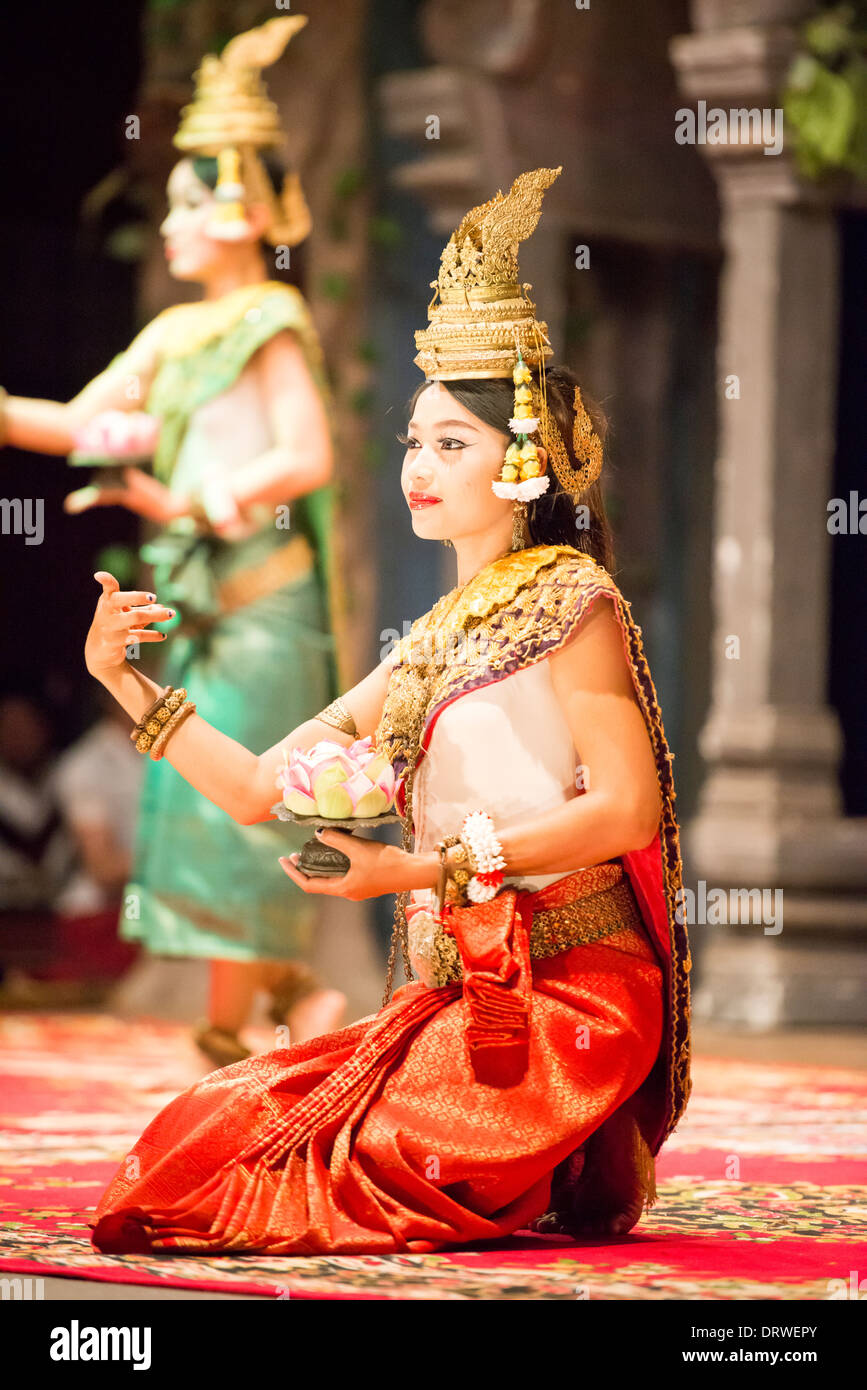 Traditional Khmer Apsara dancer are Dancing in the restaurant in Siem ...