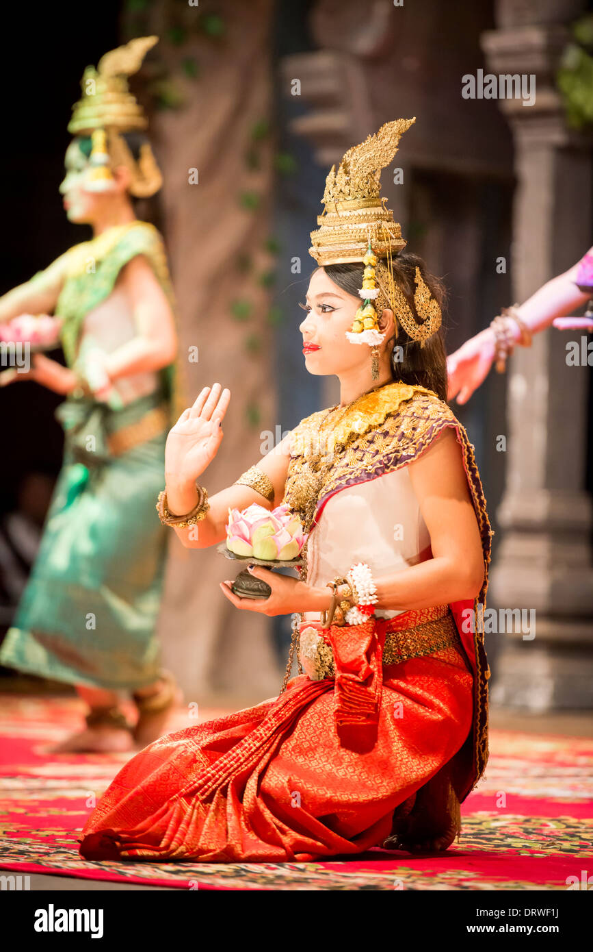 Traditional Khmer Apsara dancer are Dancing in the restaurant in Siem ...