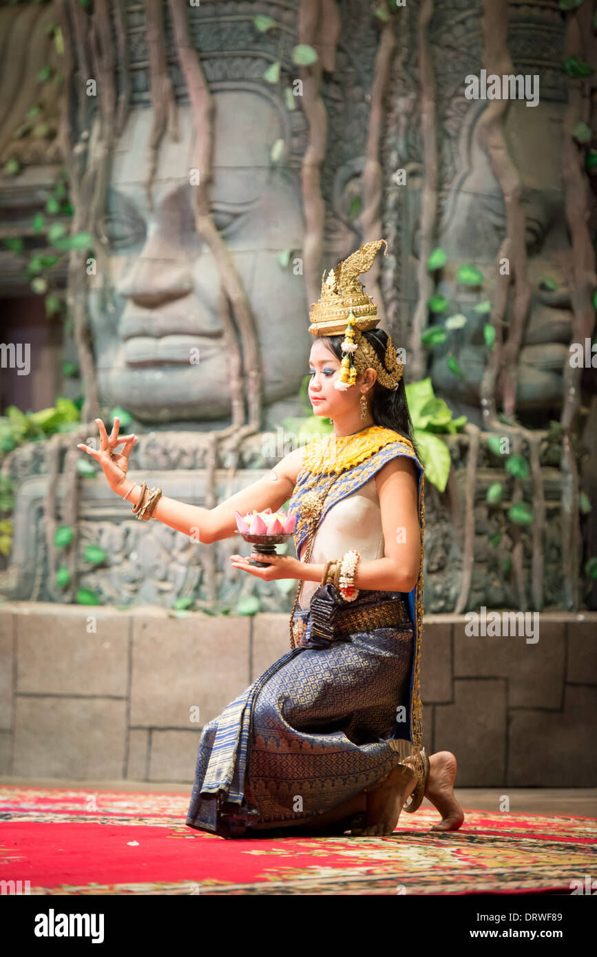 Traditional Khmer Apsara dancer are Dancing in the restaurant in Siem ...