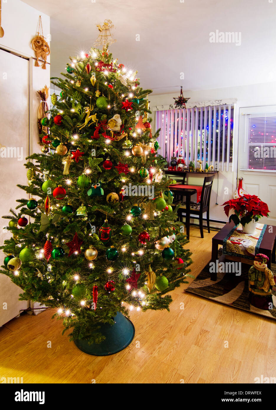 Christmas trees with red and green ornaments Stock Photo - Alamy