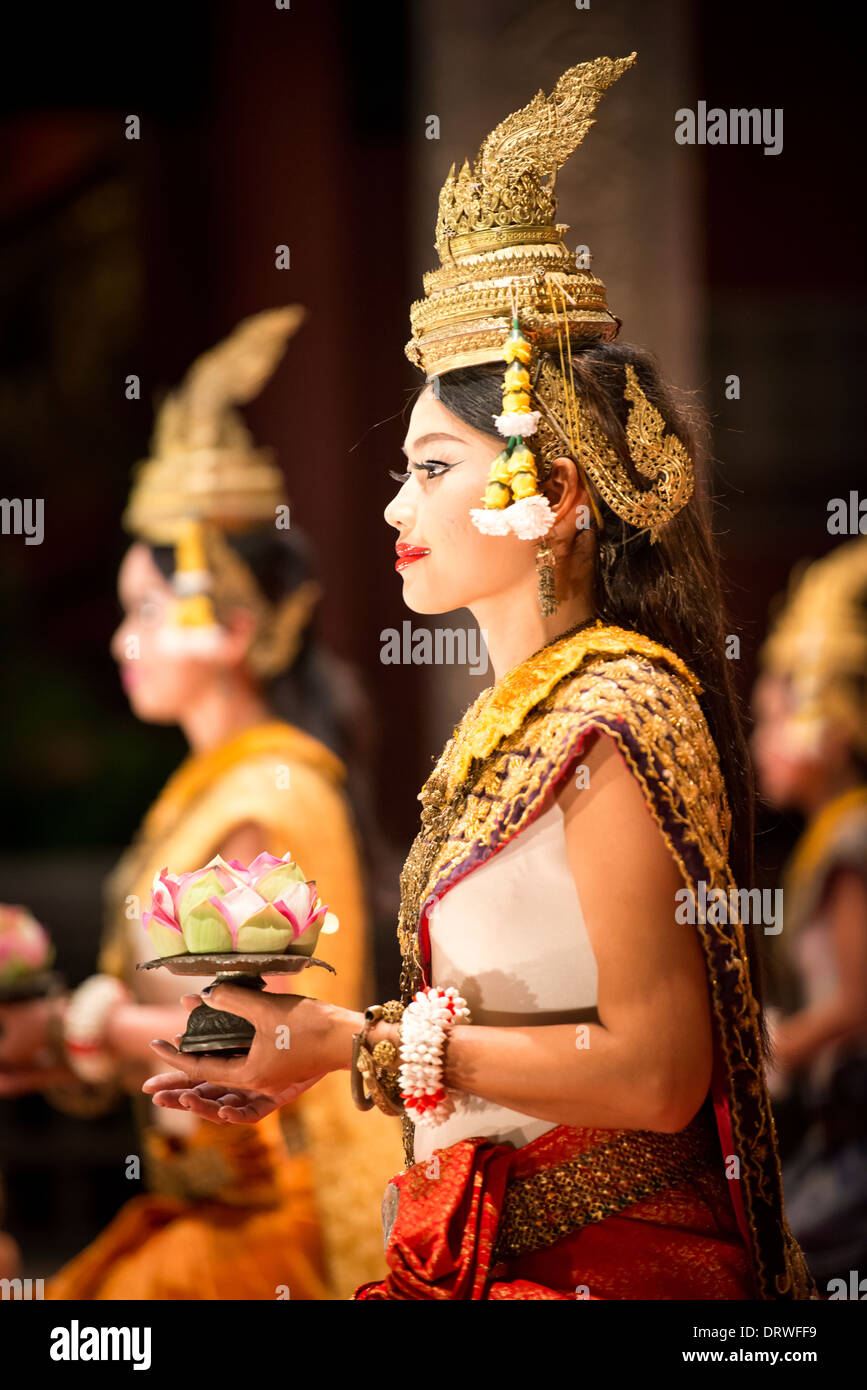 Traditional Khmer Apsara dancer are Dancing in the restaurant in Siem ...