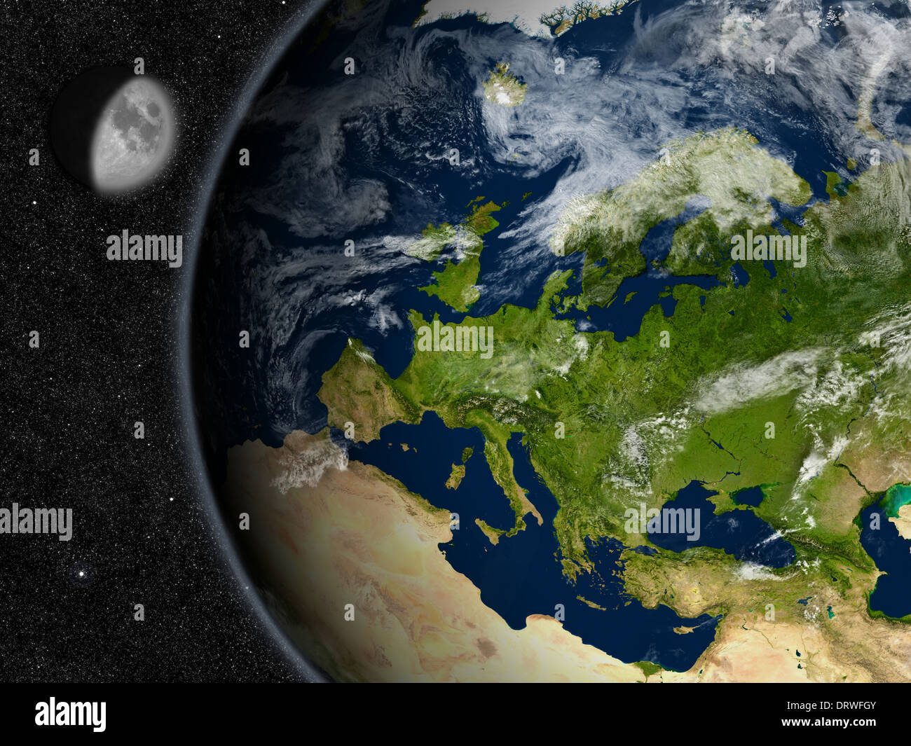 Europe region on planet Earth from space with Moon and stars in the ...