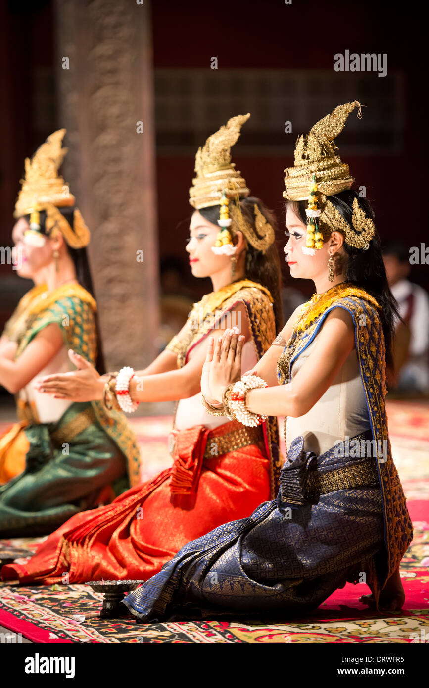 Traditional Khmer Apsara dancer are Dancing in the restaurant in Siem ...