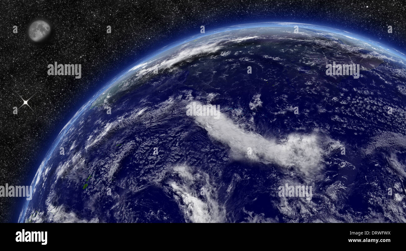 Pacific ocean on planet Earth from space with Moon and stars in the ...