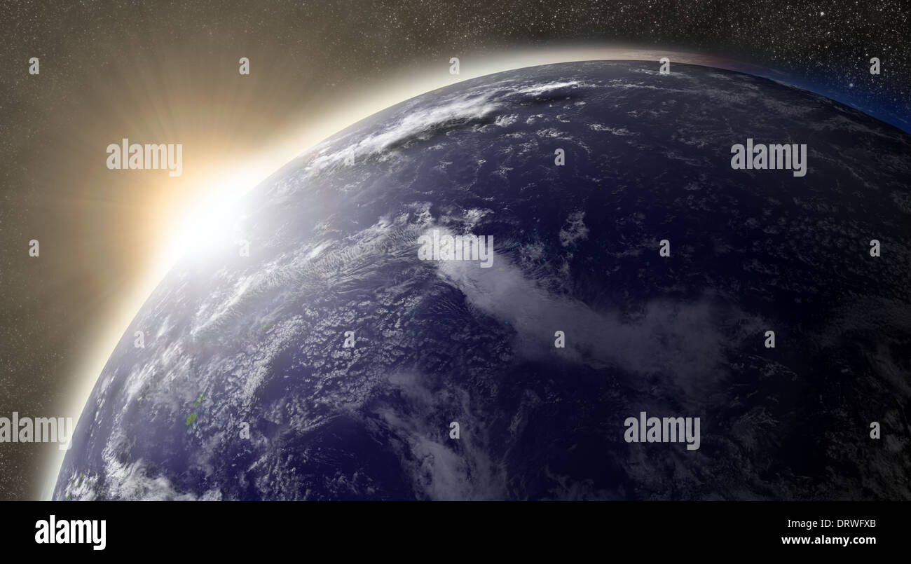 Sunset over Pacific ocean on planet Earth viewed from space with Moon ...