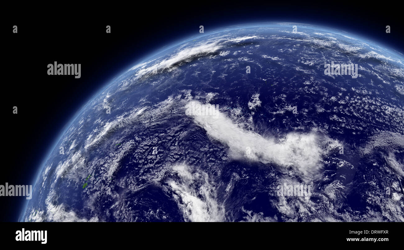 Pacific ocean viewed from space with atmosphere and clouds. Elements of ...