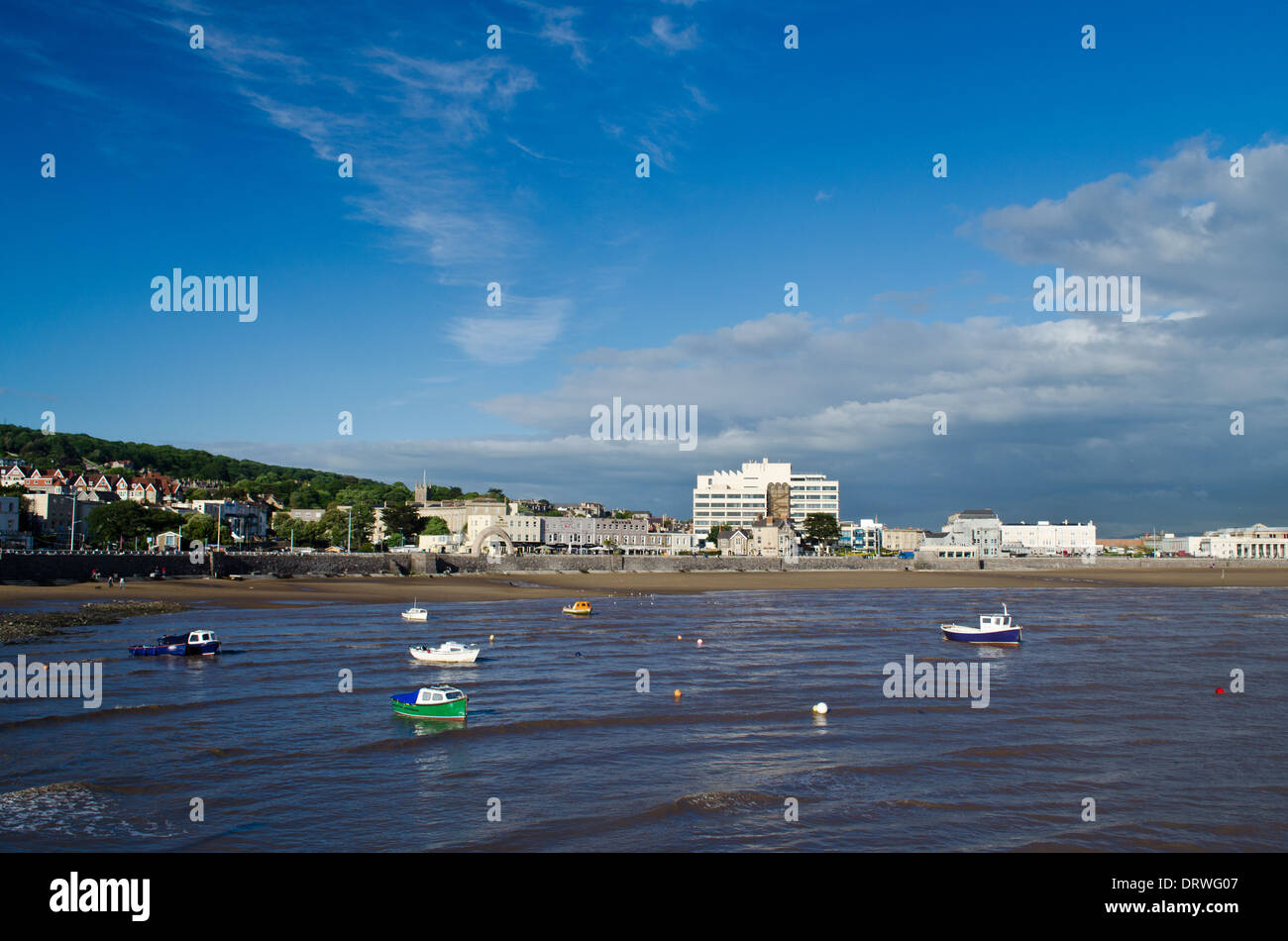 Weston-super-Mare in the Summer, with blue sea and boats by the ...