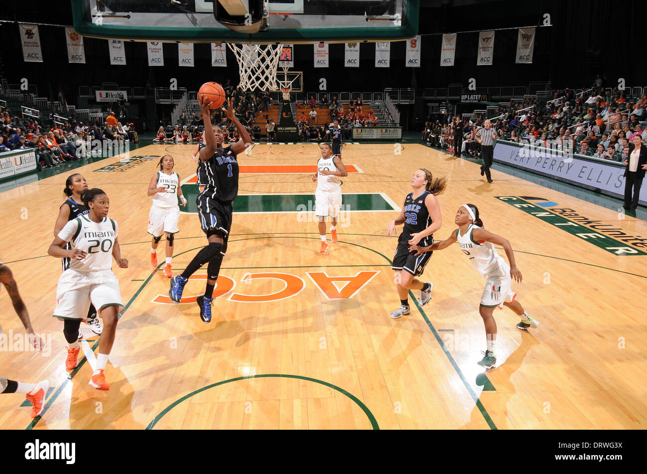 Coral Gables, FL, USA. 30th Jan, 2014. Elizabeth Williams #1 of Duke in ...