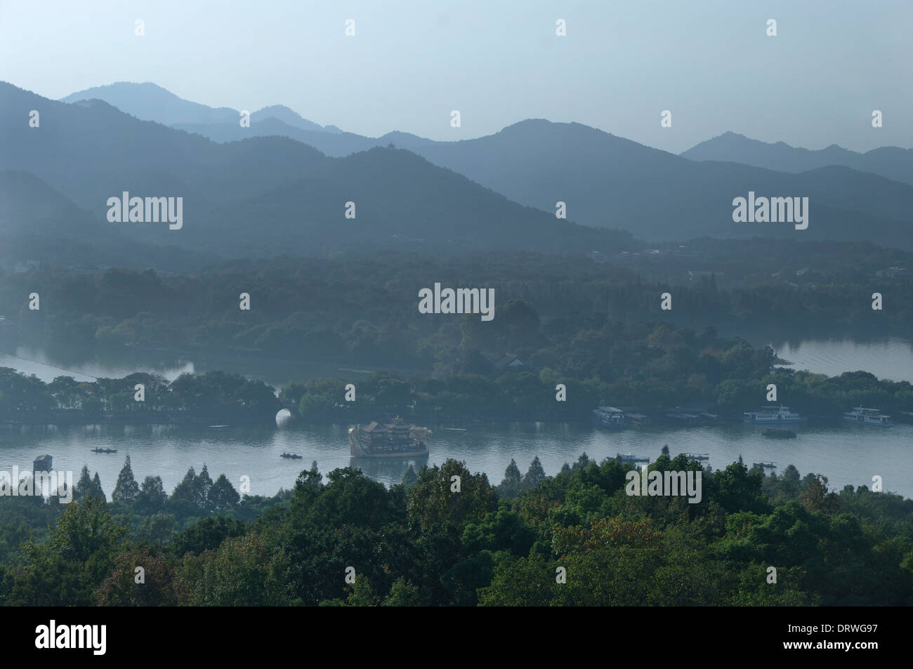 Chinese park in Hangzhou near Xihu Lake, China. Beautiful trees of ...