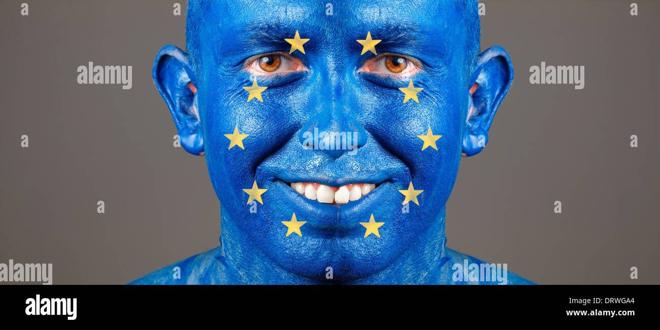 Man with his face painted with the flag of European Union Stock Photo ...
