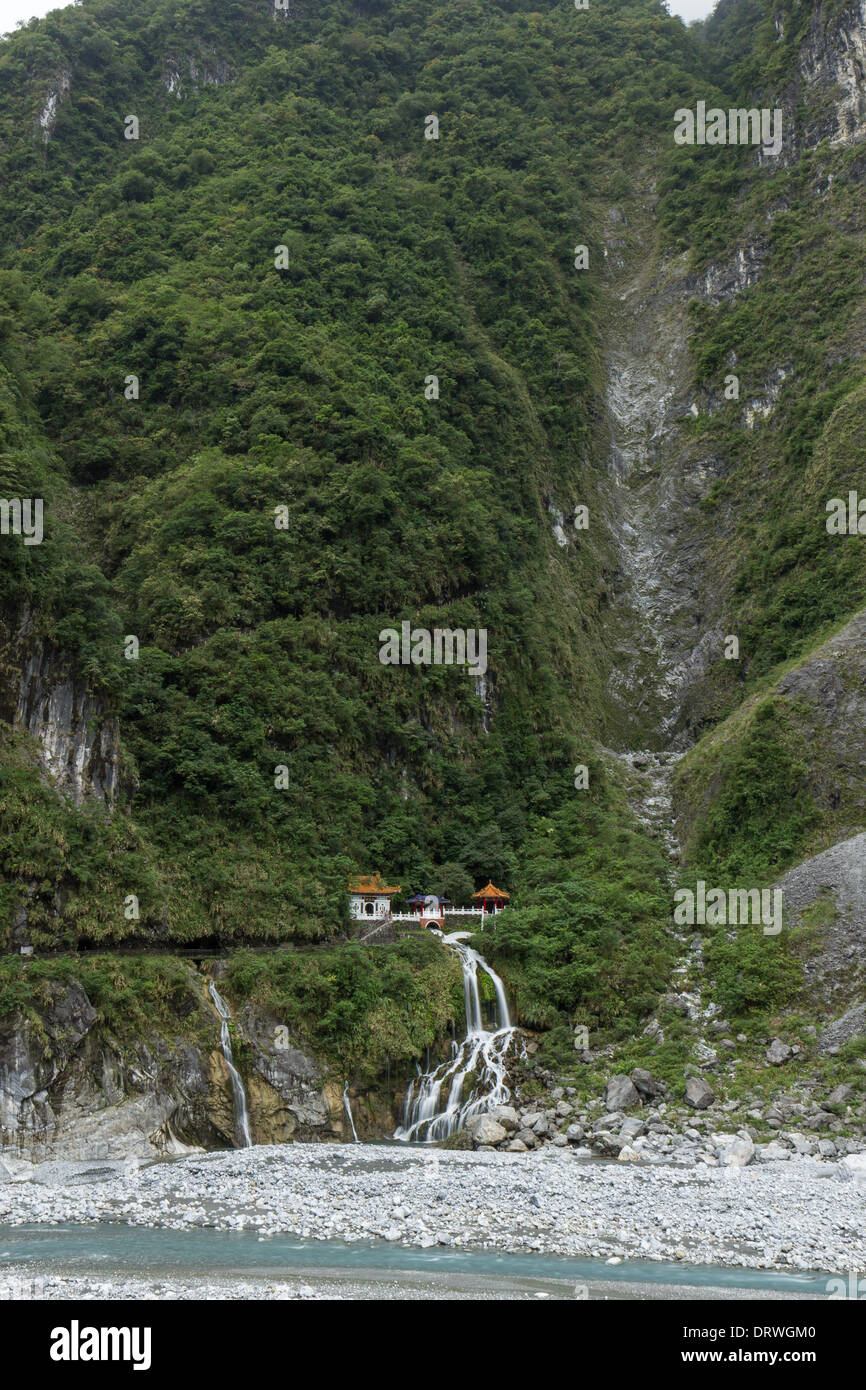 Waterfall and Eternal Spring Shrine (Changchun Shrine) at a steep ...