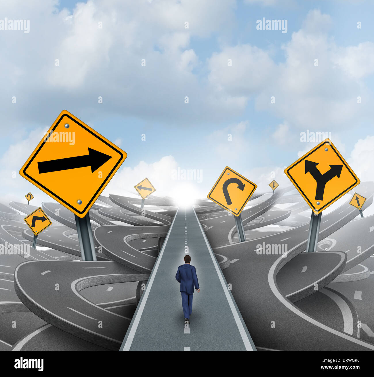 Businessman walking around confusion and chaos on a straight easy path ...