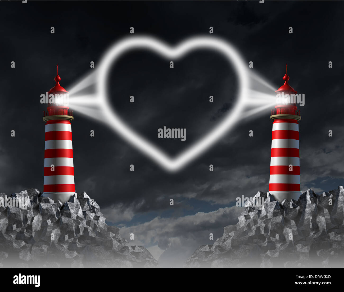 Relationship communication and love guide concept with two lighthouses ...