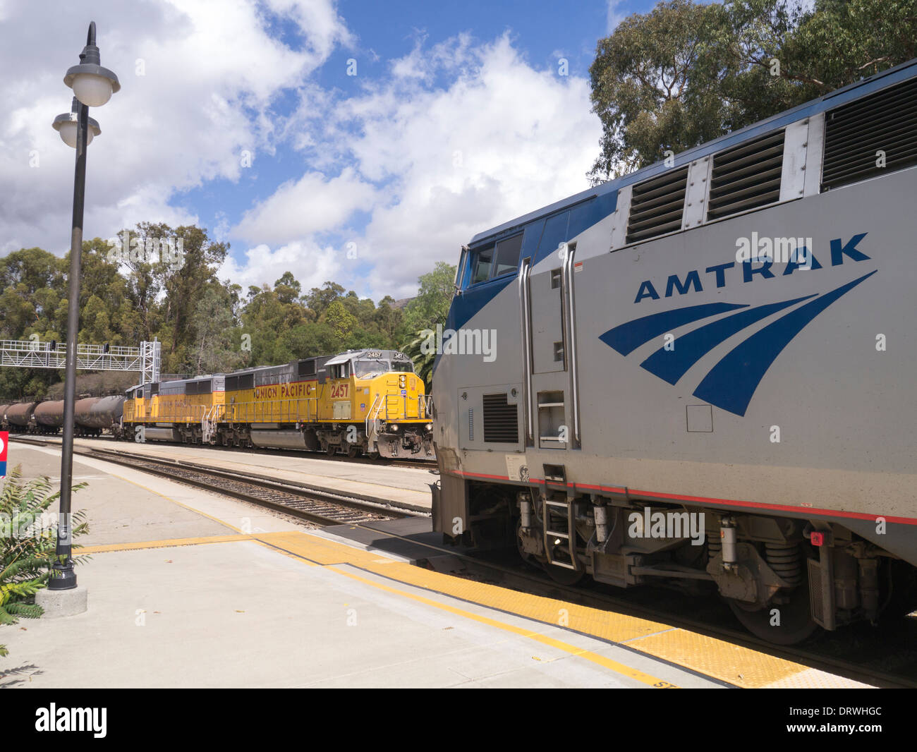 The Pacific Surfliner train and a Union Pacific freight train in San ...
