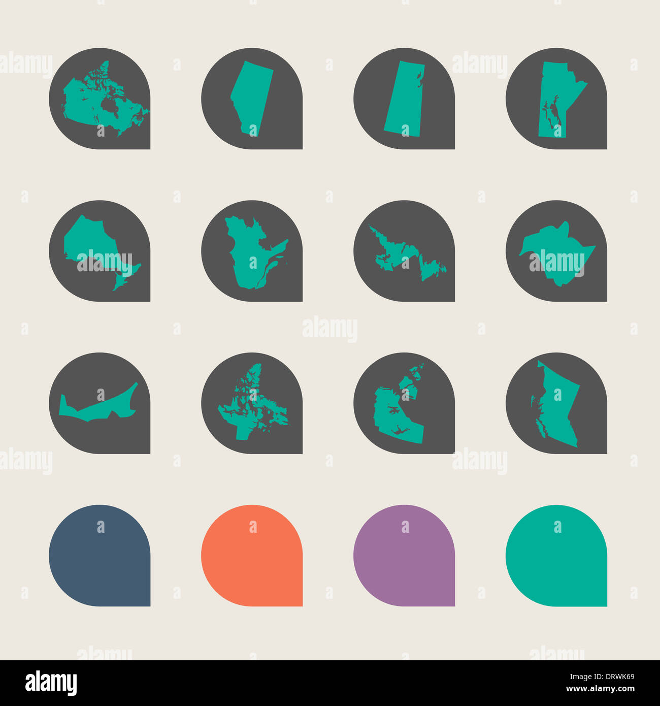 Set of Canadian state map marker buttons in flat web design colors ...