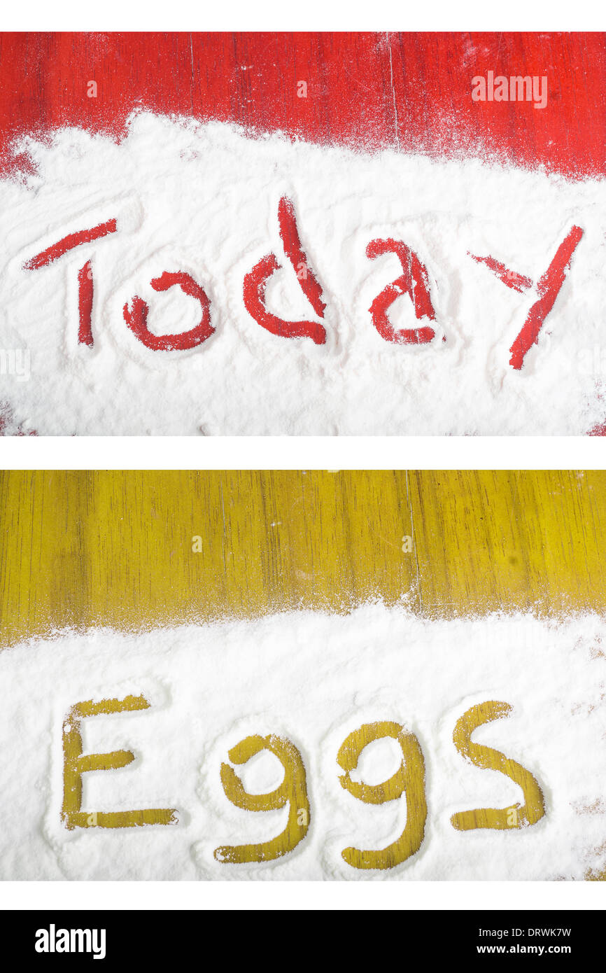 Breakfast - today and eggs sign in flour Stock Photo - Alamy