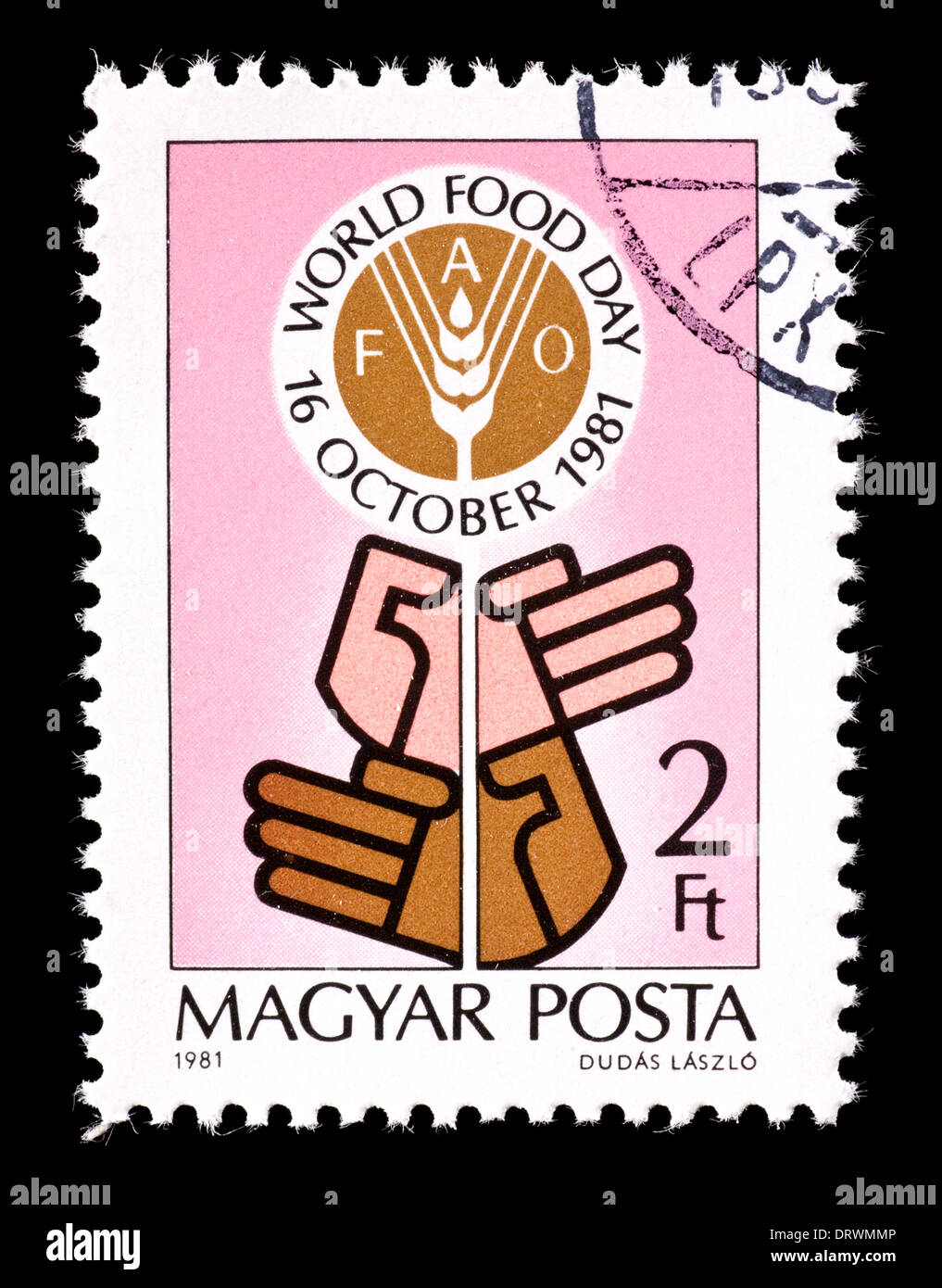 Postage stamp from Hungary depicting hands a shaft of wheat, issued for ...