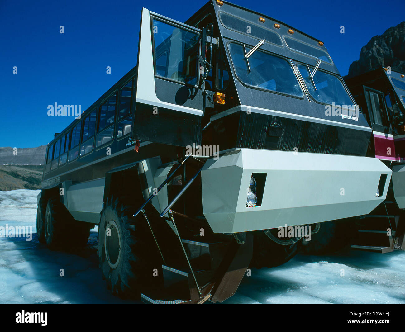 modern snowcoach at the Athabasca Glacier, Columbian Icefield, Japser ...