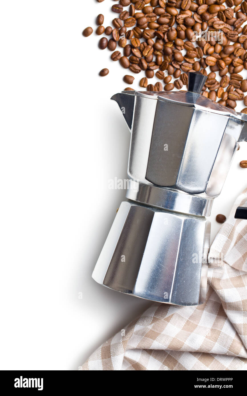top view of italian coffee maker with coffee beans and napkin Stock ...