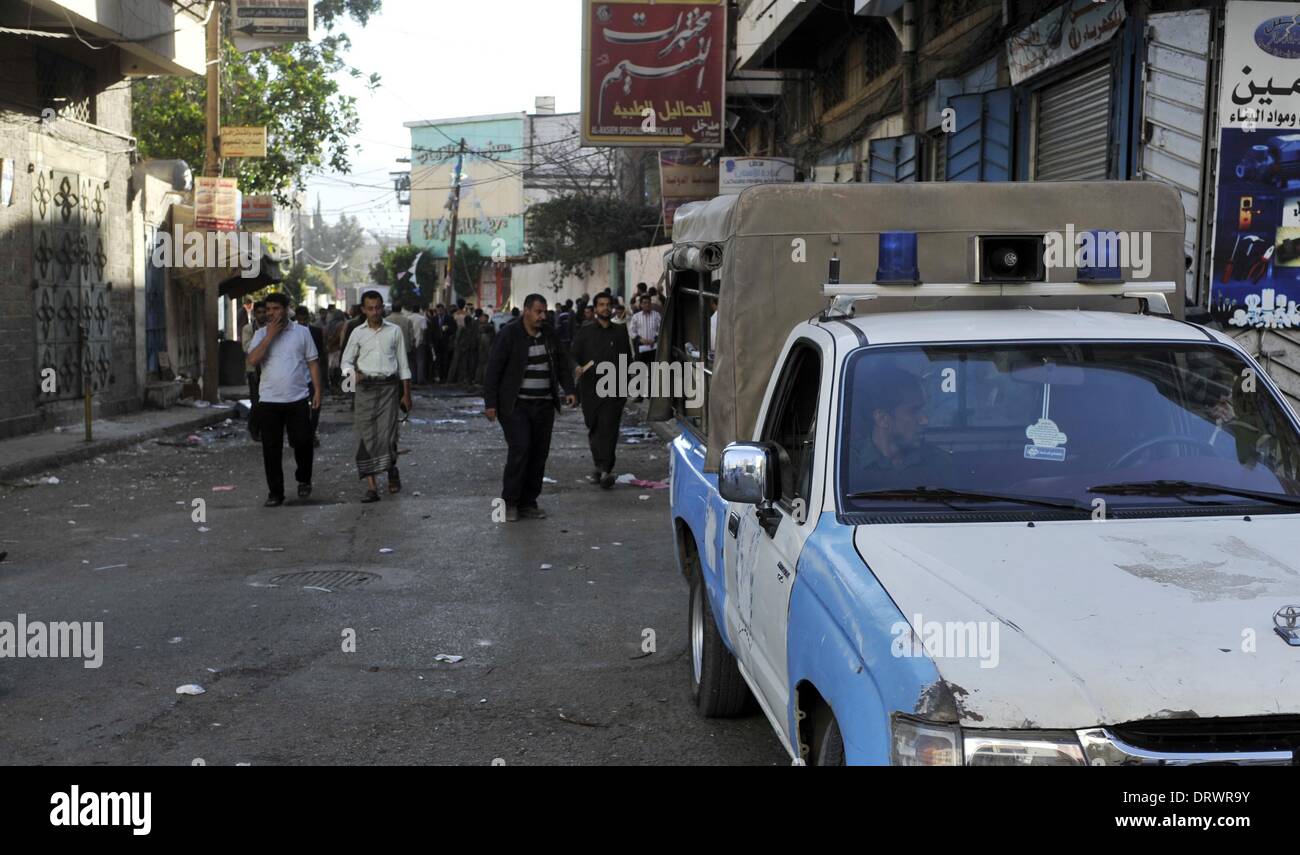 Sanaa, Yemen. 3rd Feb, 2014. A police car is seen at the site of an ...