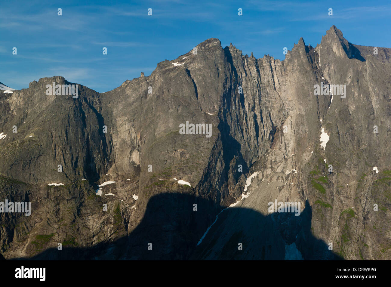 The 3000 feet vertical Troll Wall (just right of center) and the peaks ...