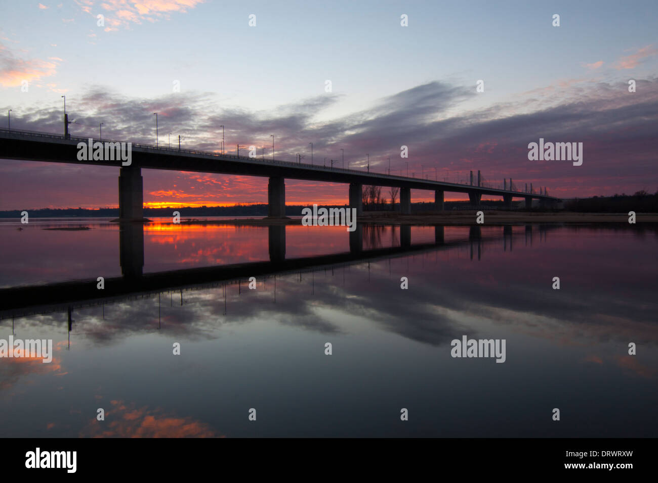 Sunrise a the Danube Bridge 2 between Calafat (Romania) and Vidin ...
