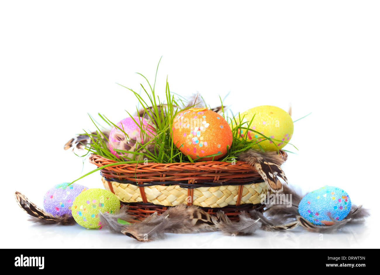 the easter eggs on fresh green grass in basket isolated on white ...