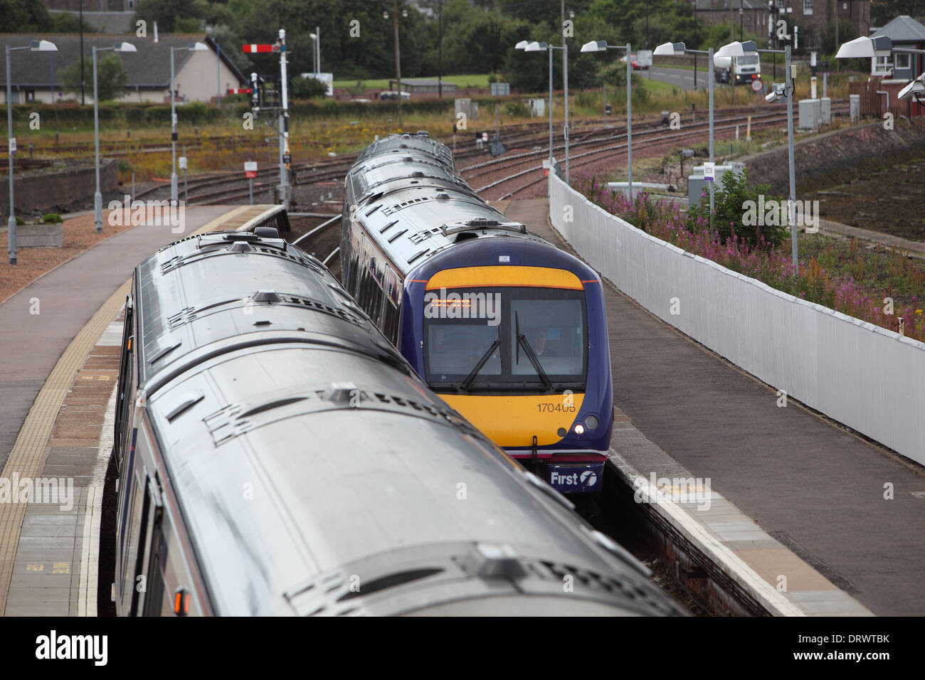 Scotrail "first" suburban trains passing each other at Montrose railway station Scotland Stock ...