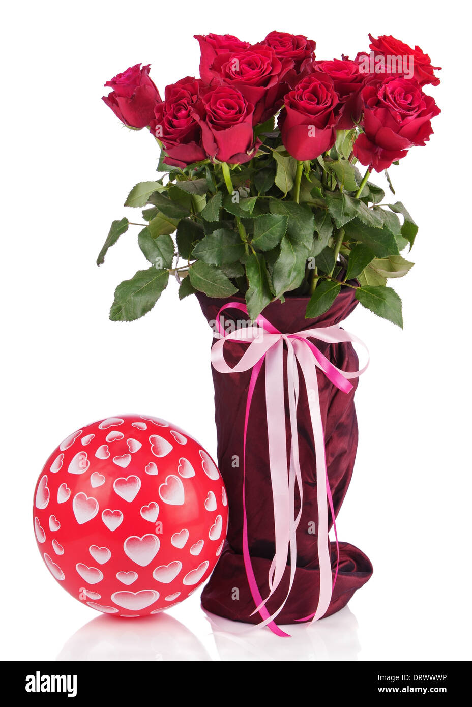 Bouquet from red roses in vase and balloon isolated on white background ...