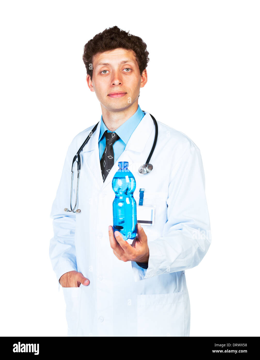Portrait of a male doctor holding bottle of water on white background ...