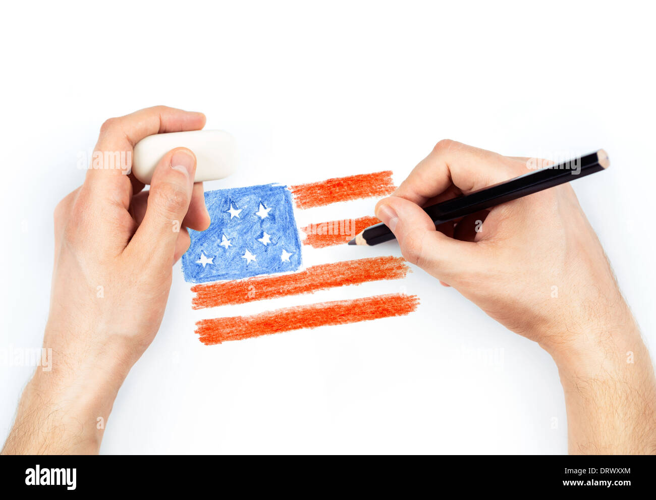 Man's hands with pencil draws flag of USA on white background Stock ...